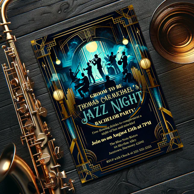 Art Deco Elegance Jazz Night Bachelor Party Invitation | Zazzle