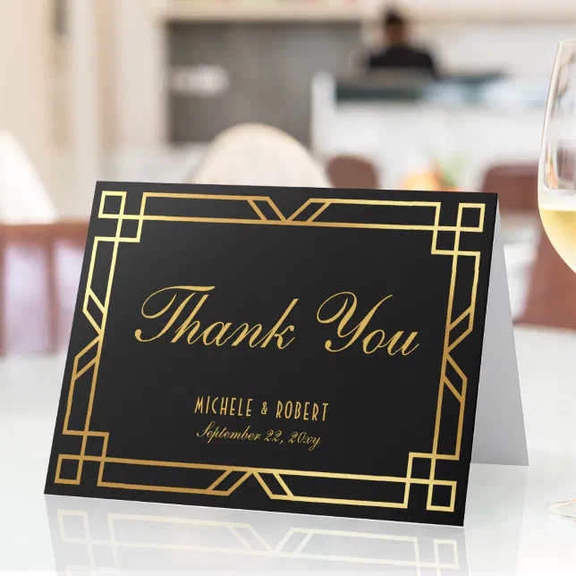 Art Deco Elegant Gold Frame Black Thank You Card | Zazzle