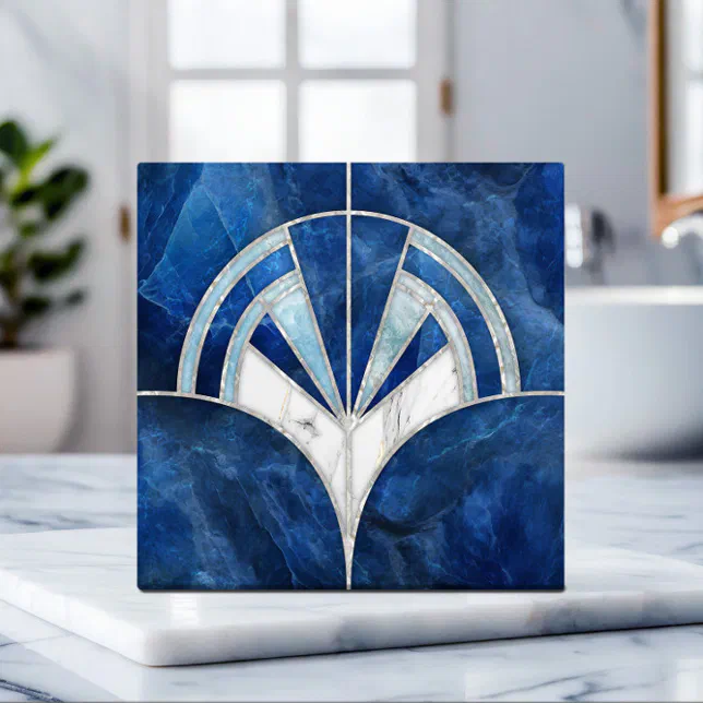 Art Deco Fan Shell - Blue and White Marble Ceramic Tile | Zazzle