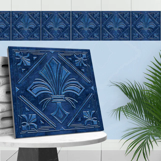 Art Deco Fleur-de-lis - Blue Marble Ceramic Tile | Zazzle