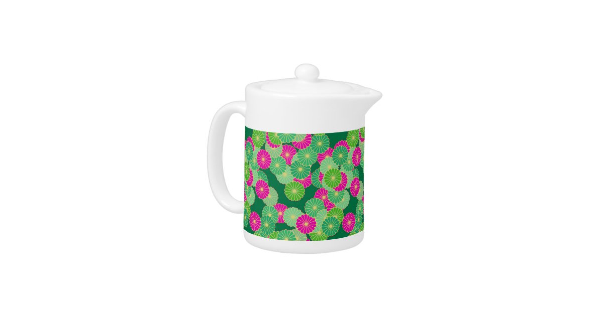 Art Deco flower pattern - shades of green, fuchsia Teapot | Zazzle
