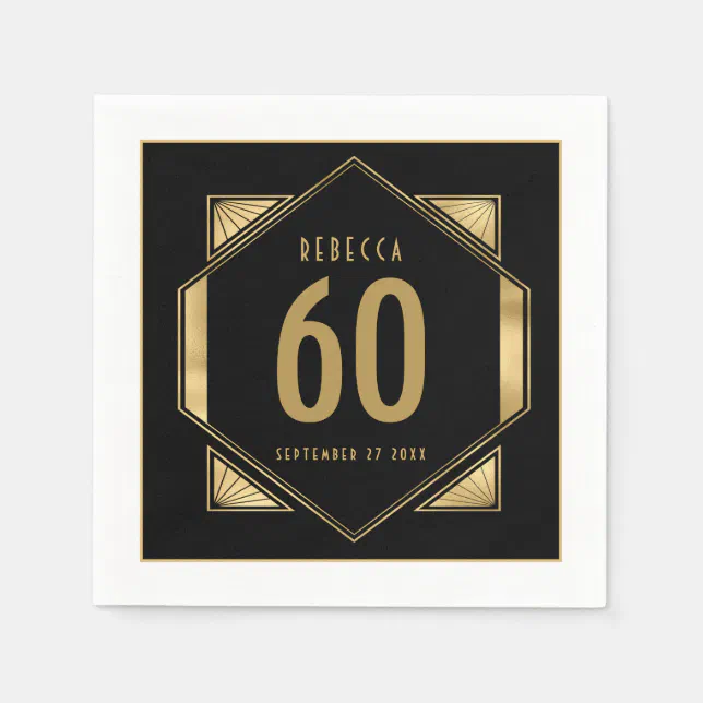 Art Deco Frame 60th Birthday Name Date Gold Black Napkins | Zazzle