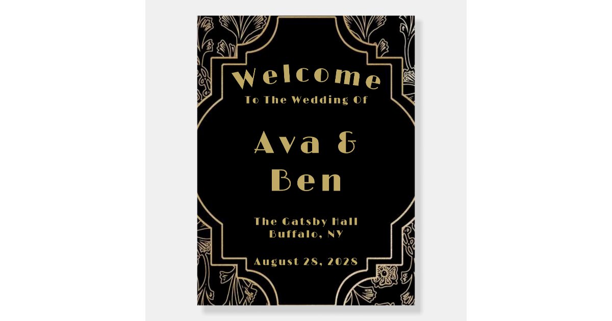 Art Deco Gatsby Black Gold Flower Welcome Sign | Zazzle
