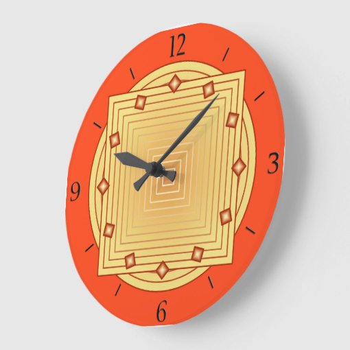 Art Deco Geometric, Mandarin Orange and Yellow Large Clock | Zazzle
