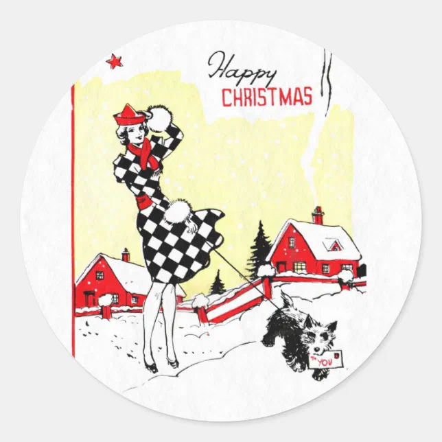 Art Deco Girl and Scotty Dog Classic Round Sticker | Zazzle