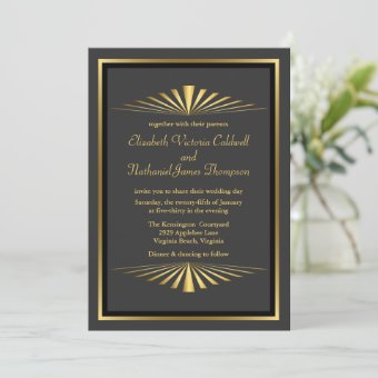 Art Deco Gold Fanfare Wedding Invitation | black | Zazzle