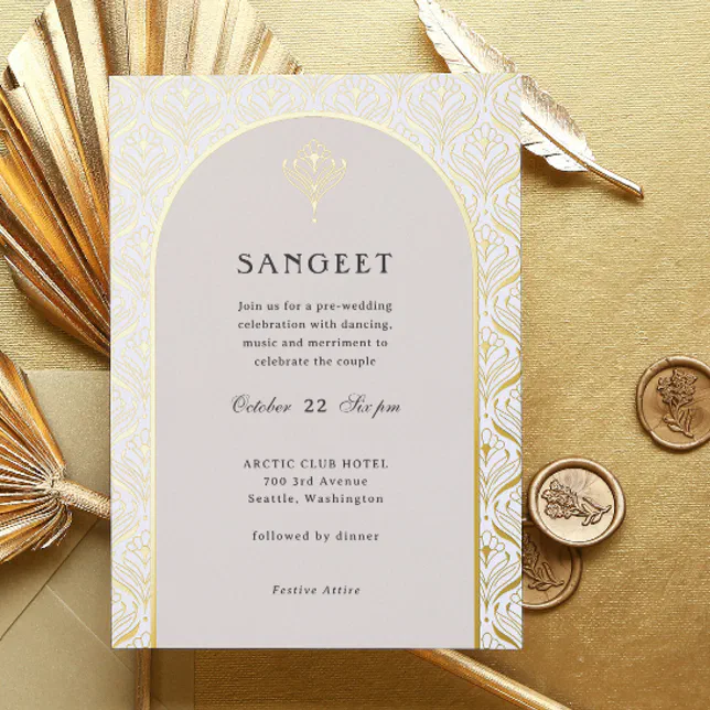 Art Deco Gold Floral Indian Wedding Sangeet Foil Invitation | Zazzle