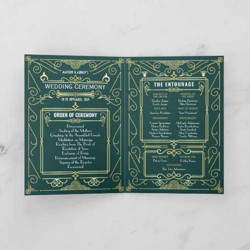 Art Deco Gold Green Entourage Order of Ceremony Program | Zazzle