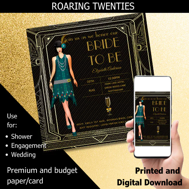 Art Deco Great Gatsby Roaring 20s Bridal Shower Invitation | Zazzle