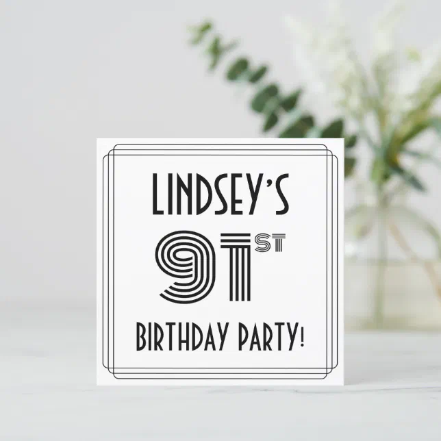 Art Deco Inspired 91st Birthday Party, Custom Name Invitation | Zazzle
