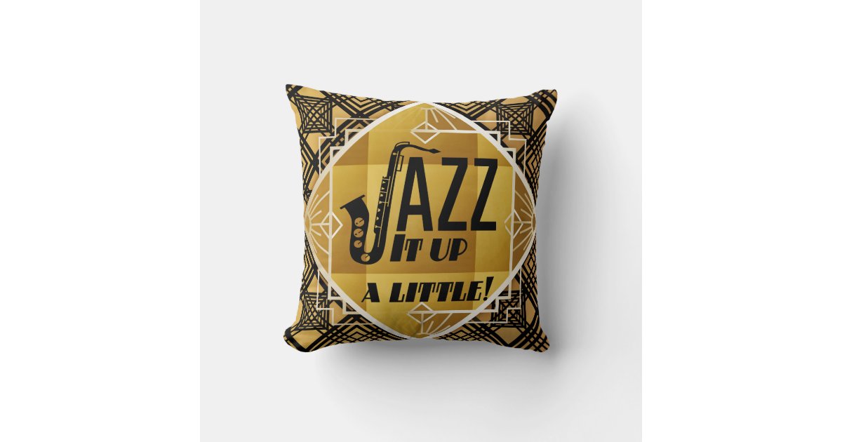 Art deco jazz saxophone black gold music throw pillow | Zazzle