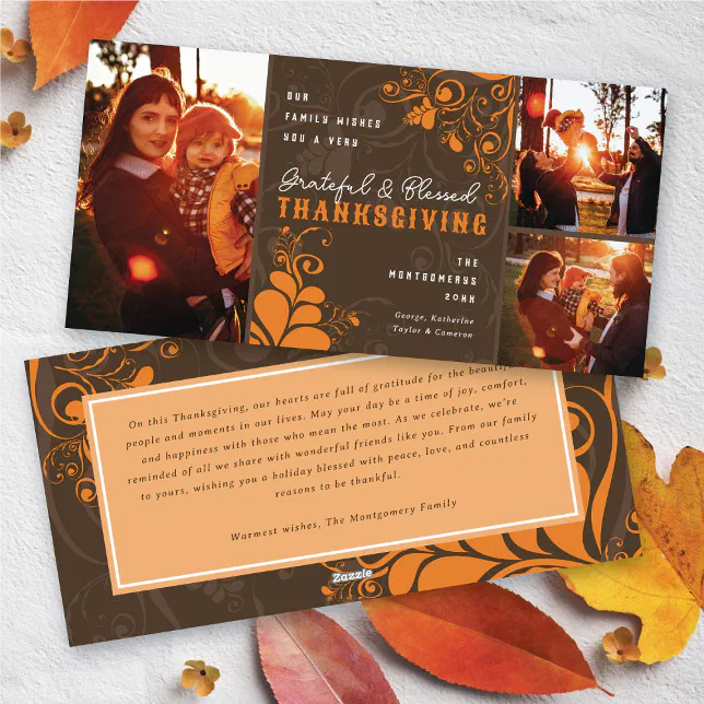 Art Deco Leaves Swirls Happy Thanksgiving 3 Photo Holiday Card | Zazzle
