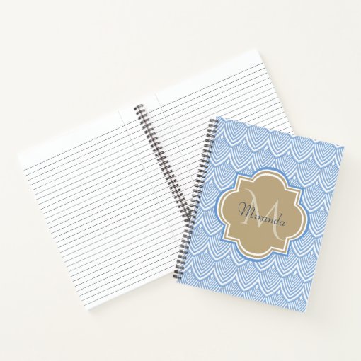 Art Deco Light Blue Fish Scales Tan Monogram Name Notebook | Zazzle