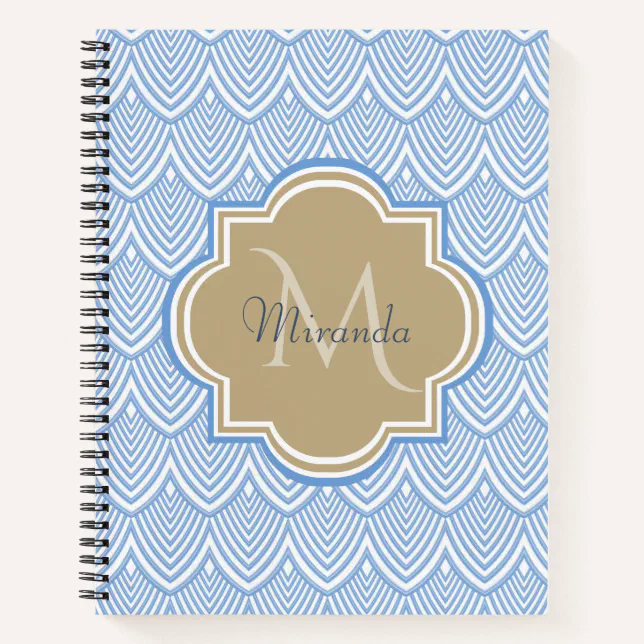 Art Deco Light Blue Fish Scales Tan Monogram Name Notebook | Zazzle