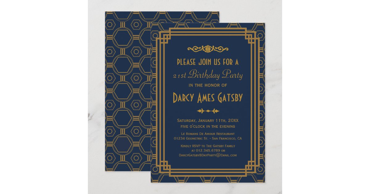 Art Deco Navy Birthday Party Invites | Zazzle