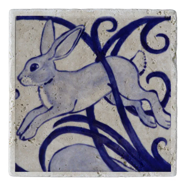 Art Deco Navy Blue White Rabbit Stone Tile Trivet | Zazzle