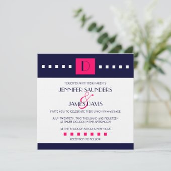 Art Deco Navy Pink Monogram D Wedding Invitations | Zazzle