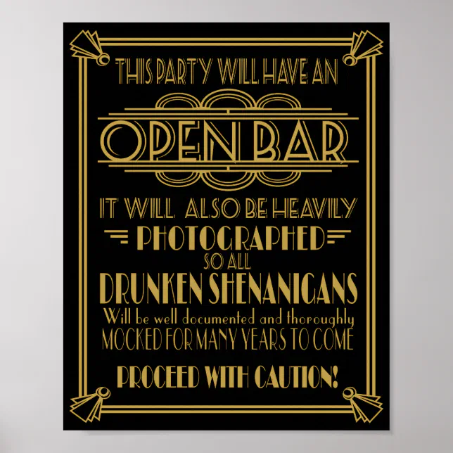 ART Deco Open bar sign for 1920's Gatsby Party | Zazzle