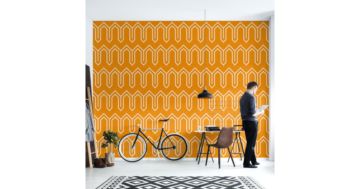 Art Deco Pattern 05 - White on Vivid Gamboge Wallpaper | Zazzle