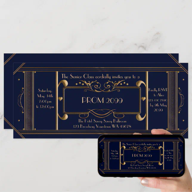 art deco prom ticket,junior prom,senior prom,navy invitation | Zazzle