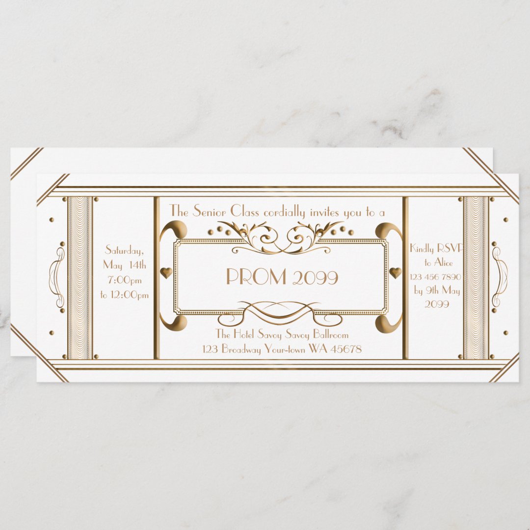 art deco prom ticket,junior prom,senior prom,white invitation | Zazzle