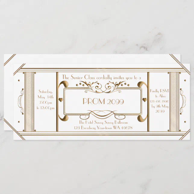 art deco prom ticket,junior prom,senior prom,white invitation | Zazzle