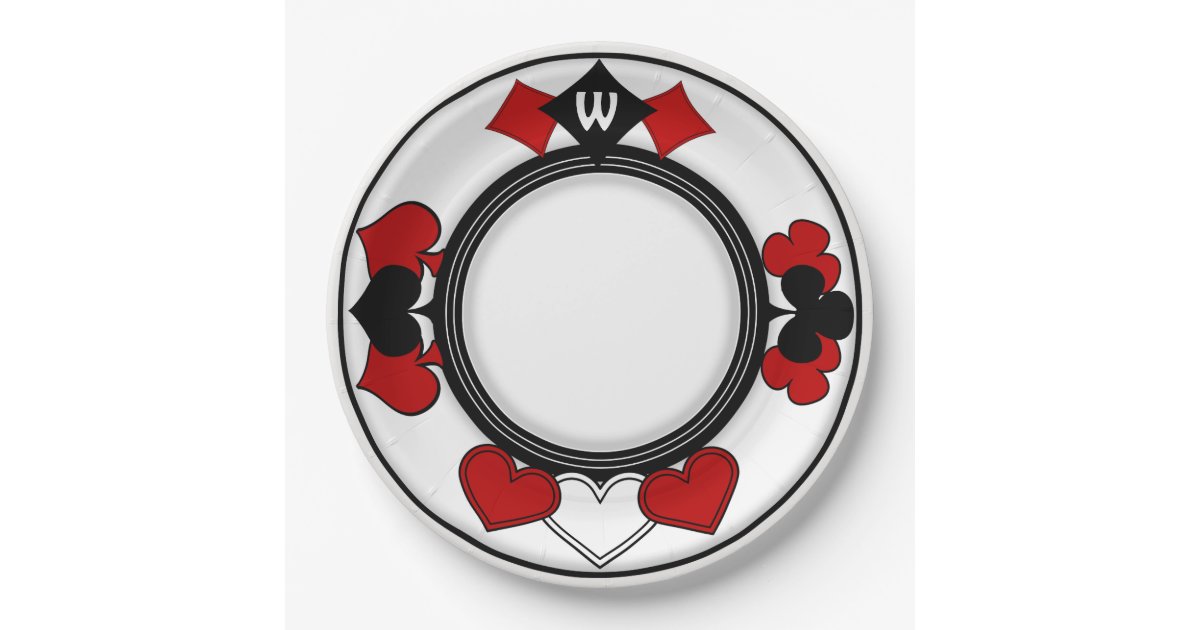 Art Deco Red and Black Card Suits Monogrammed Paper Plates | Zazzle