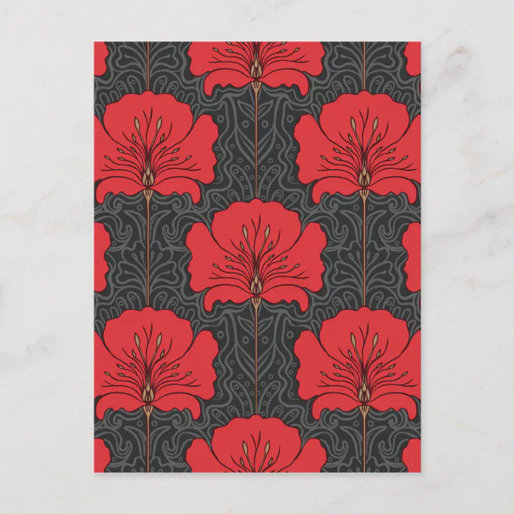 Art deco,red flowers,black,vintage,chic,elegant, postcard | Zazzle