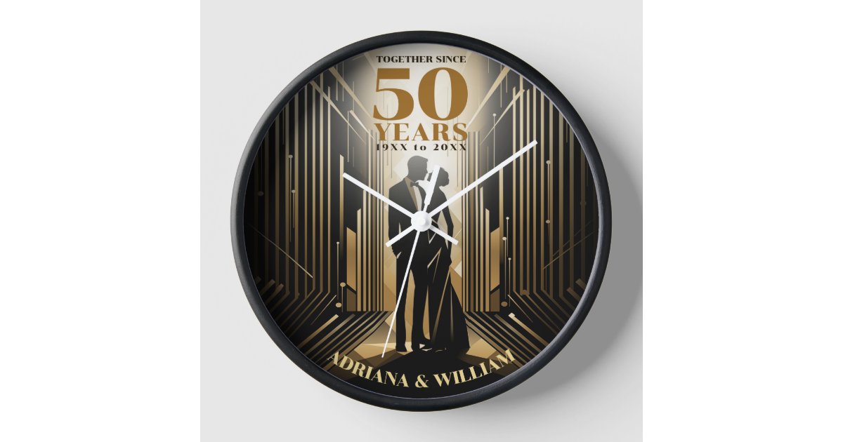Art Deco Retro Black & Gold Wedding Anniversary Clock | Zazzle