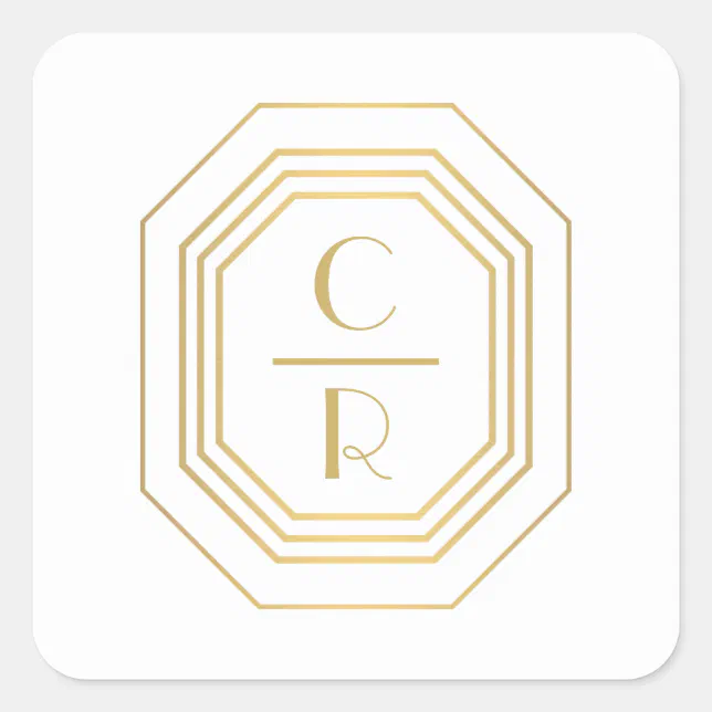 Art Deco Stacked Monogram Logo Gold/White Square Sticker | Zazzle