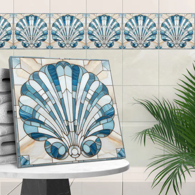 Art Deco Stained Glass Mosaic Scallop Shell Ceramic Tile | Zazzle
