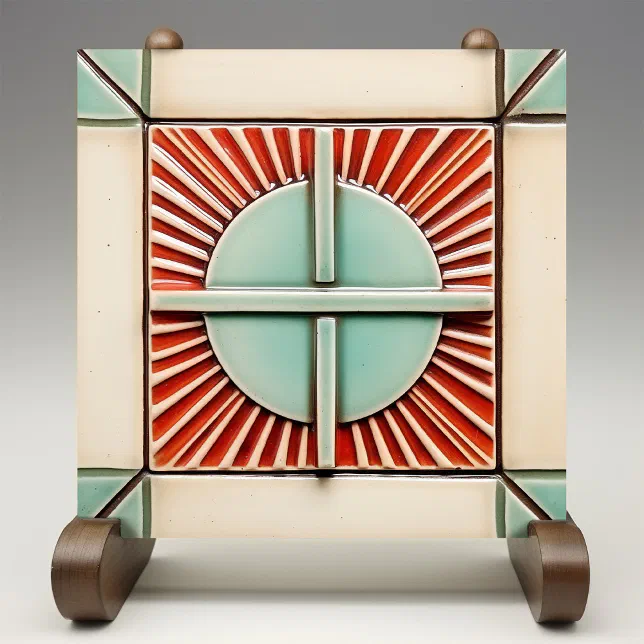 Art Deco Sun and Cross in Coral Teal Ceramic Tile | Zazzle