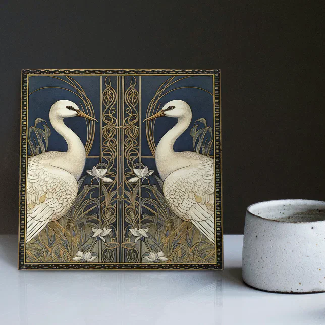 Art Deco Swans Wall Decor Art Nouveau Crane Swan Ceramic Tile | Zazzle