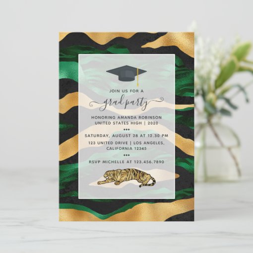 Art Deco Tropical Green and Gold Tiger Graduation Invitation | Zazzle