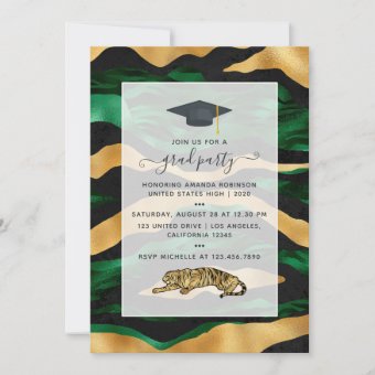 Art Deco Tropical Green and Gold Tiger Graduation Invitation | Zazzle