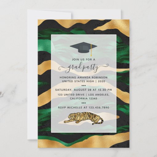 Art Deco Tropical Green and Gold Tiger Graduation Invitation | Zazzle