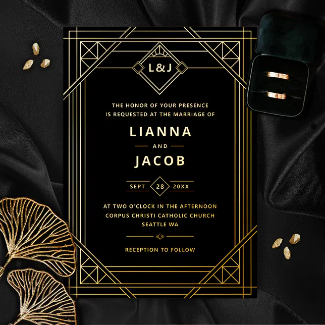 Art Deco Wedding Black Gold Foil Invitation | Zazzle