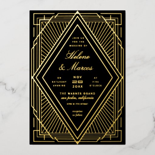 Art Deco Wedding Diamond Black and Gold Foil Invitation | Zazzle