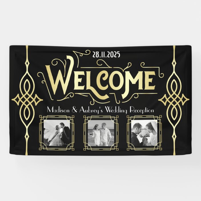 Art Deco Wedding Reception Gold Black Welcome Banner | Zazzle.com