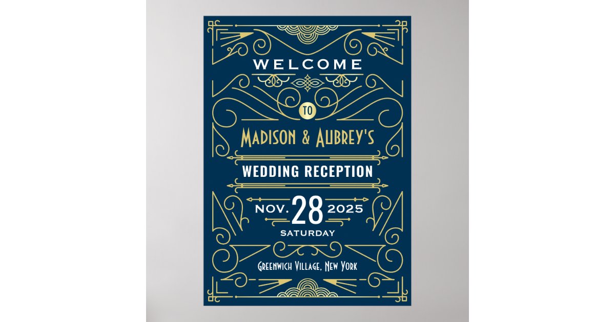 Art Deco Wedding Reception Gold Blue Welcome Sign | Zazzle