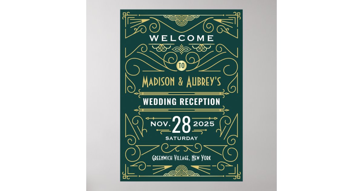 Art Deco Wedding Reception Gold Green Welcome Sign | Zazzle