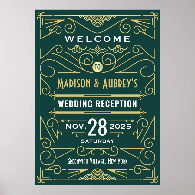 Art Deco Wedding Reception Gold Green Welcome Sign | Zazzle