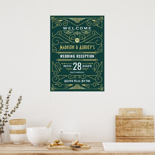 Art Deco Wedding Reception Gold Green Welcome Sign | Zazzle