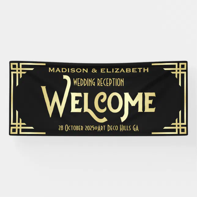 Art Deco Wedding Reception Welcome Gold Black Banner | Zazzle