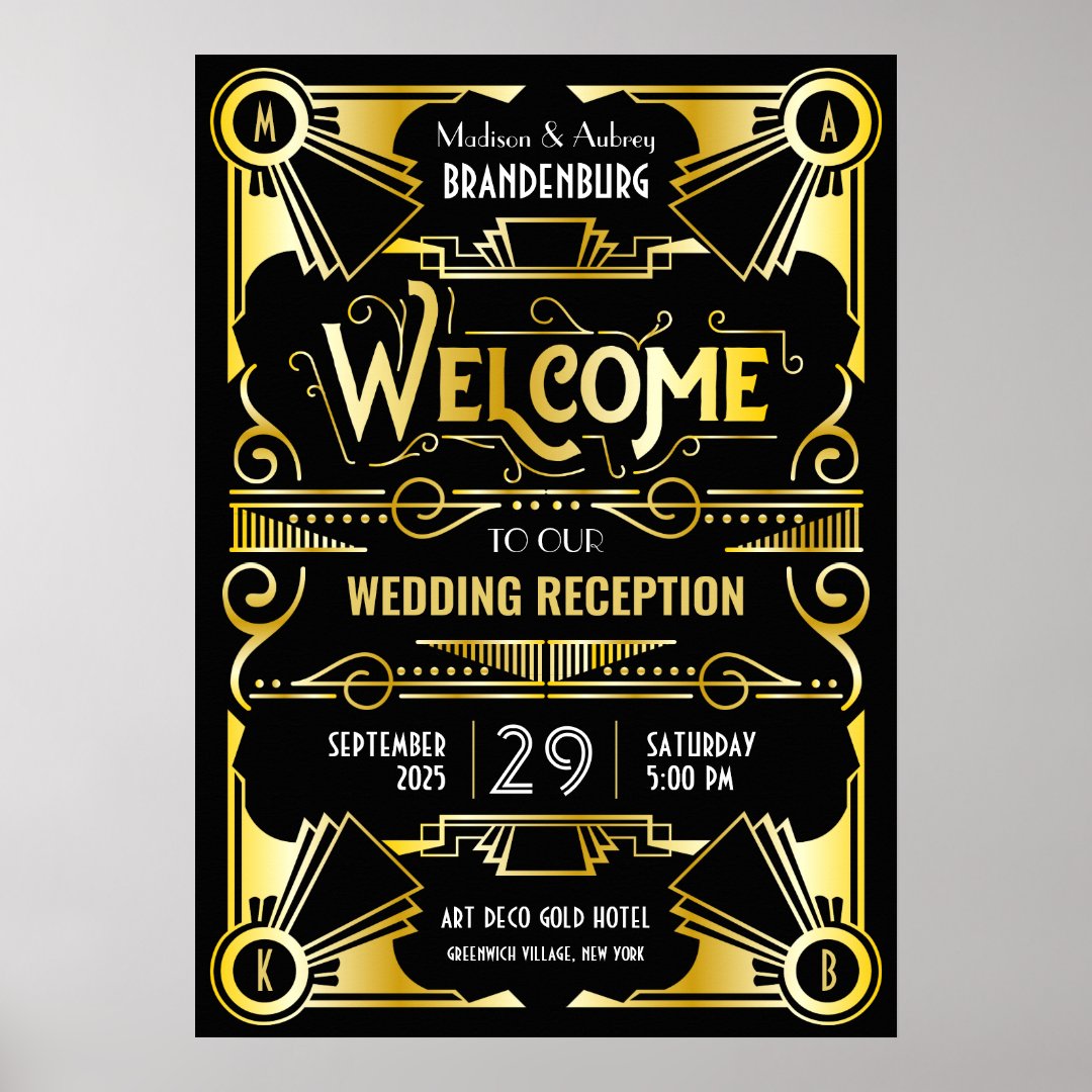 Art Deco Wedding Reception Welcome Gold & Black Poster | Zazzle