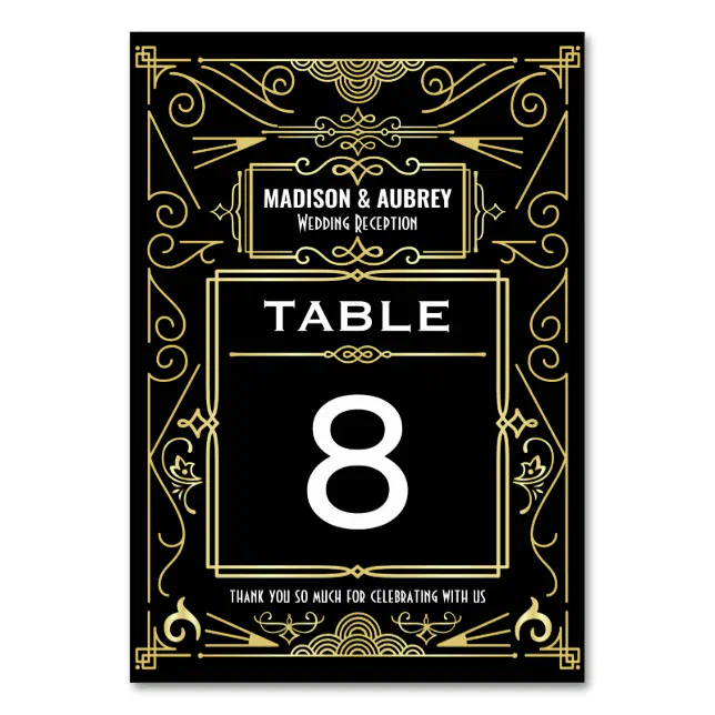 Art Gold Black Gatsby 1920s Deco Wedding Reception Table Number | Zazzle