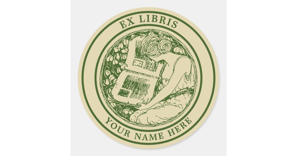 Art Nouveau 1903 Woman & Book Ex Libris Template Classic Round Sticker ...