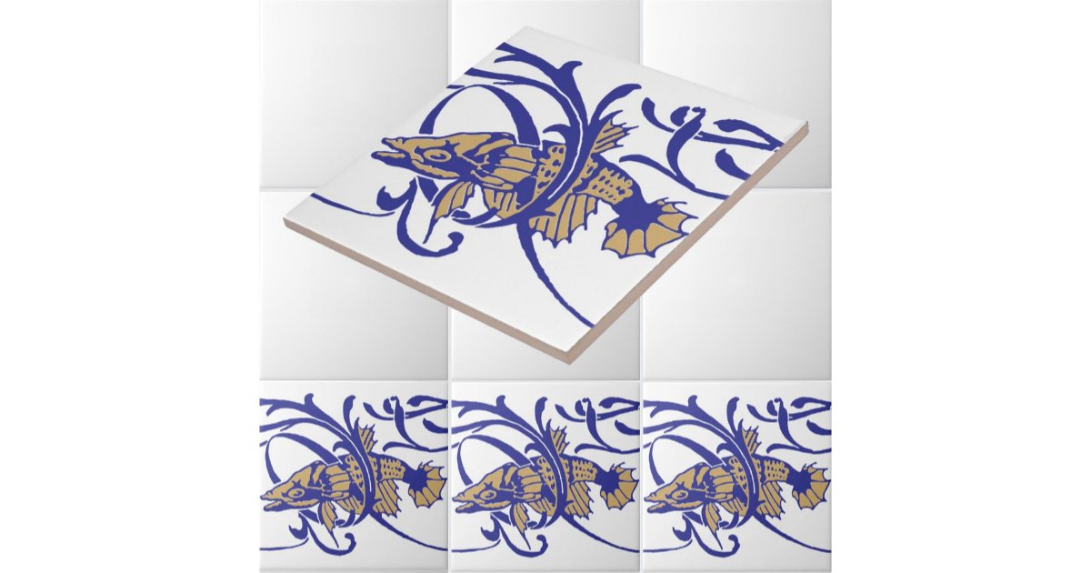Art Nouveau 1905 Fish & Seaweed Frieze Pattern Ceramic Tile | Zazzle