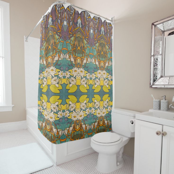 Art nouveau Alphonse mucha flower pond dragonfly Shower Curtain | Zazzle
