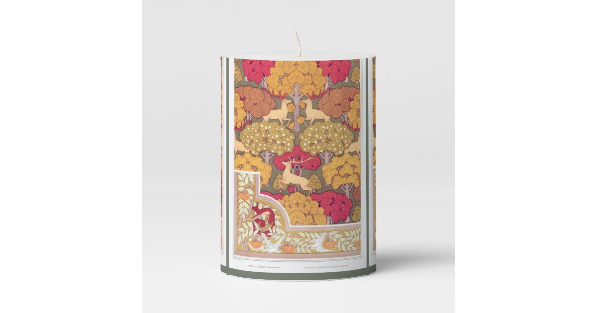 Art nouveau autumn trees and deer Vintage fall Pillar Candle | Zazzle